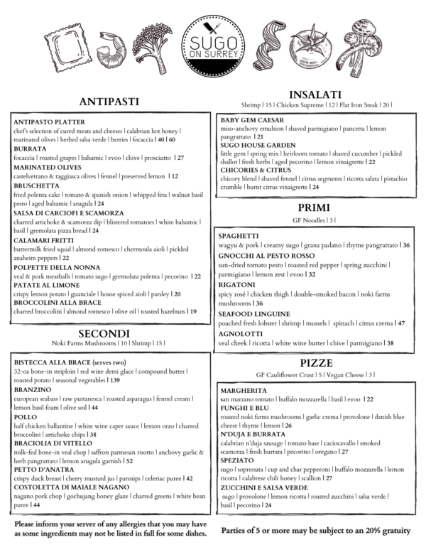 Our Menu – Sugo on Surrey